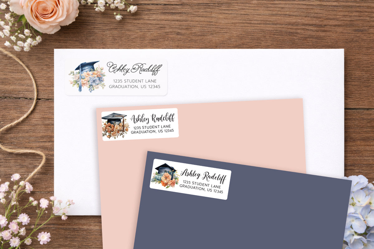 Floral Graduation Cap Return Address Labels — Pig Party Prints