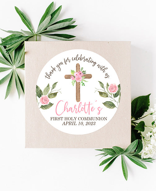 Pink Cross First Communion Stickers — Pig Party Prints
